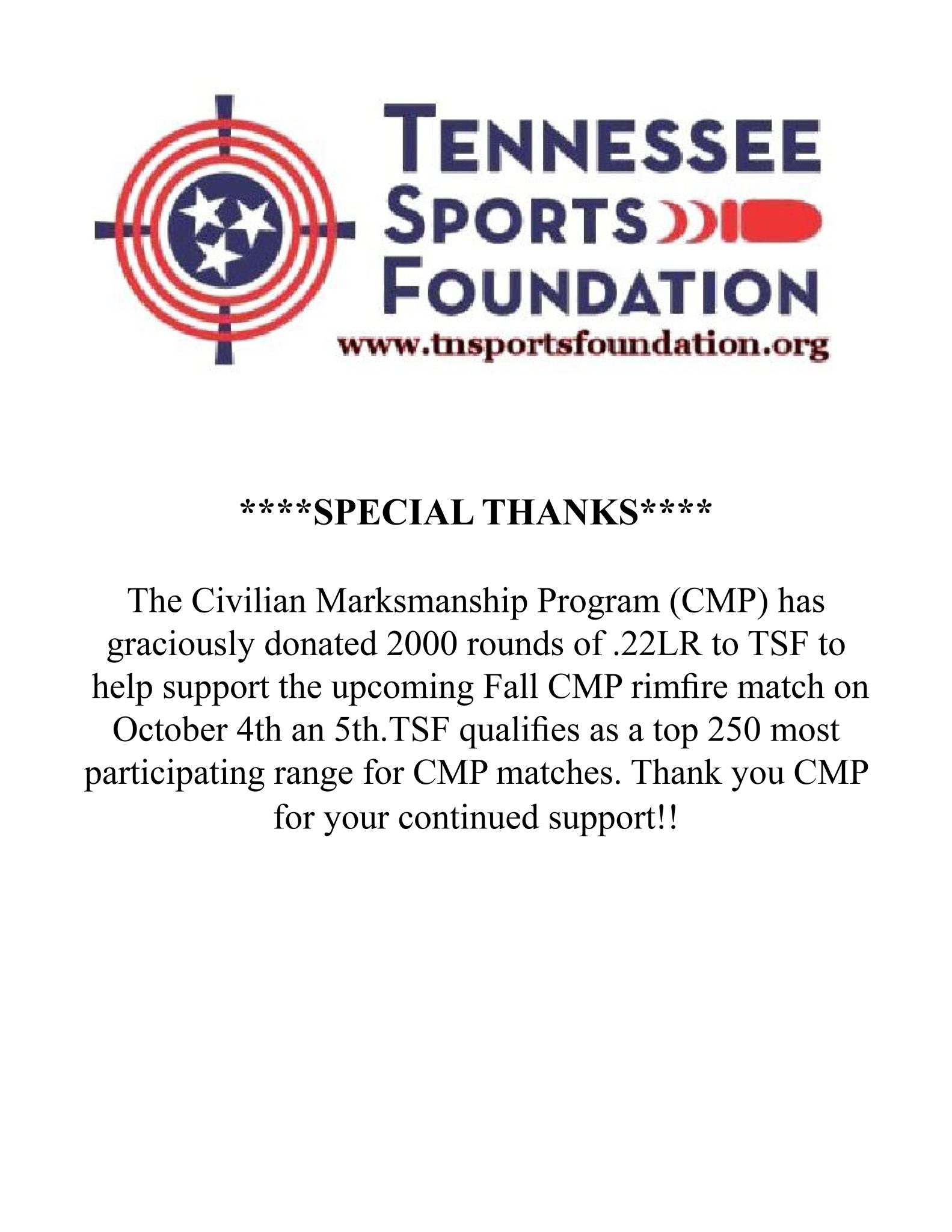 Tennessee Sport Foundation Thank You - Civilian Marksmanship Program